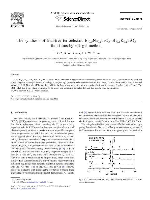 (PDF) The synthesis of lead-free ferroelectric Bi0.5Na0.5TiO3–Bi0.5K0.5TiO3 thin films by sol ...