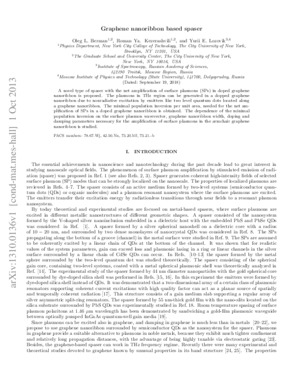 (PDF) Graphene nanoribbon based spaser | Oleg Berman - Academia.edu