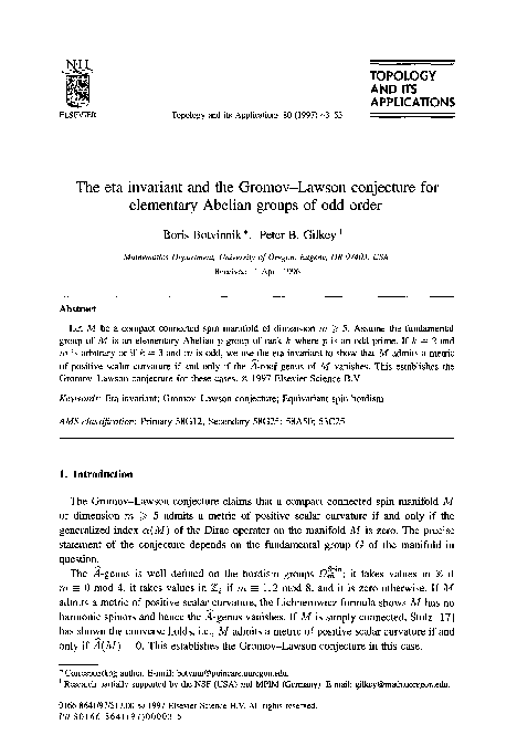 (PDF) The eta invariant and the Gromov-Lawson conjecture for elementary ...