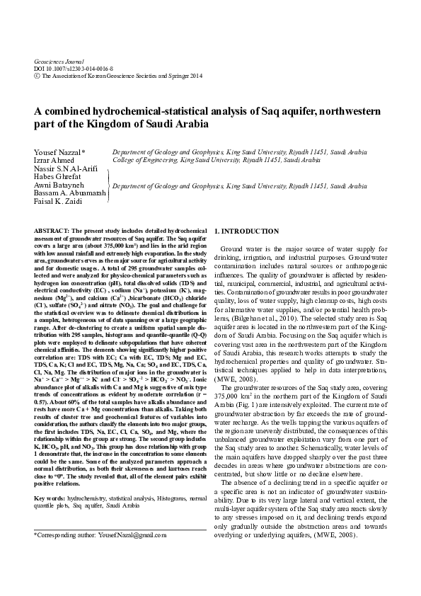 (PDF) A combined hydrochemical-statistical analysis of Saq aquifer ...