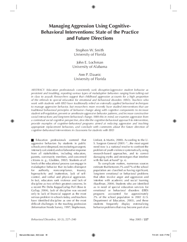 (PDF) Managing Aggression Using Cognitive-Behavioral Interventions ...