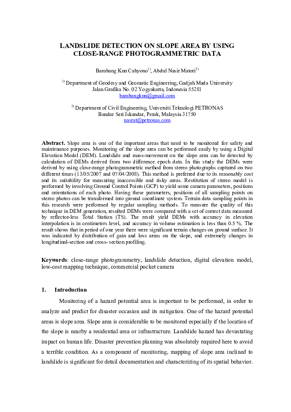 (PDF) Landslide Detection on Slope Area by Using Close-Range Photogrammetric Data