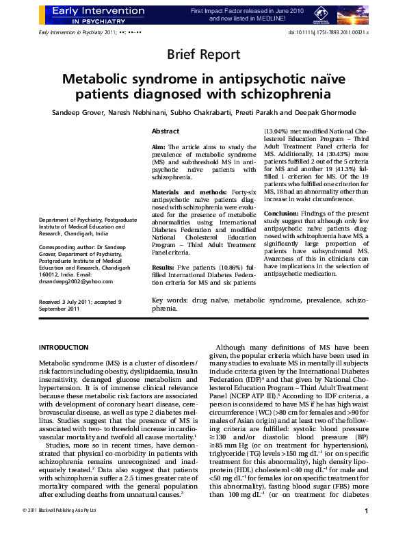 (PDF) Metabolic syndrome in antipsychotic naïve patients with ...