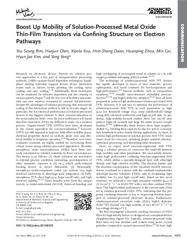 (PDF) Boost Up Mobility of Solution-Processed Metal Oxide Thin-Film Transistors via Confining ...