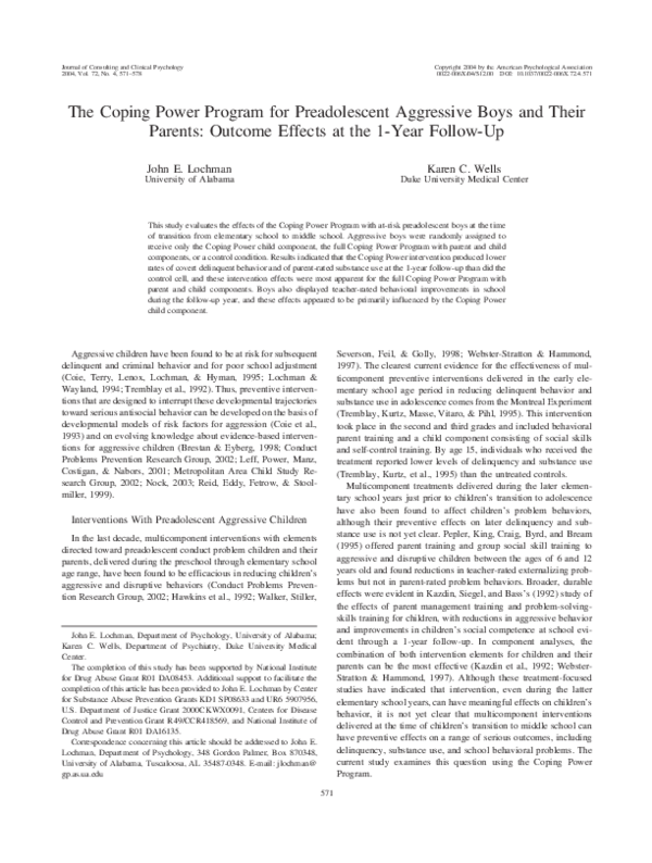 (PDF) The Coping Power Program for Preadolescent Aggressive Boys and ...