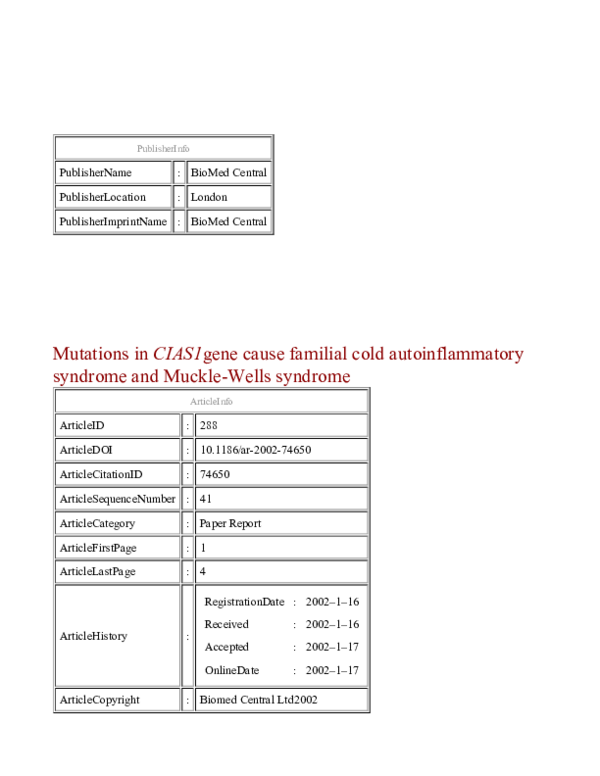 (PDF) CIAS1 Gene Mutations in Cold Autoinflammatory Syndromes