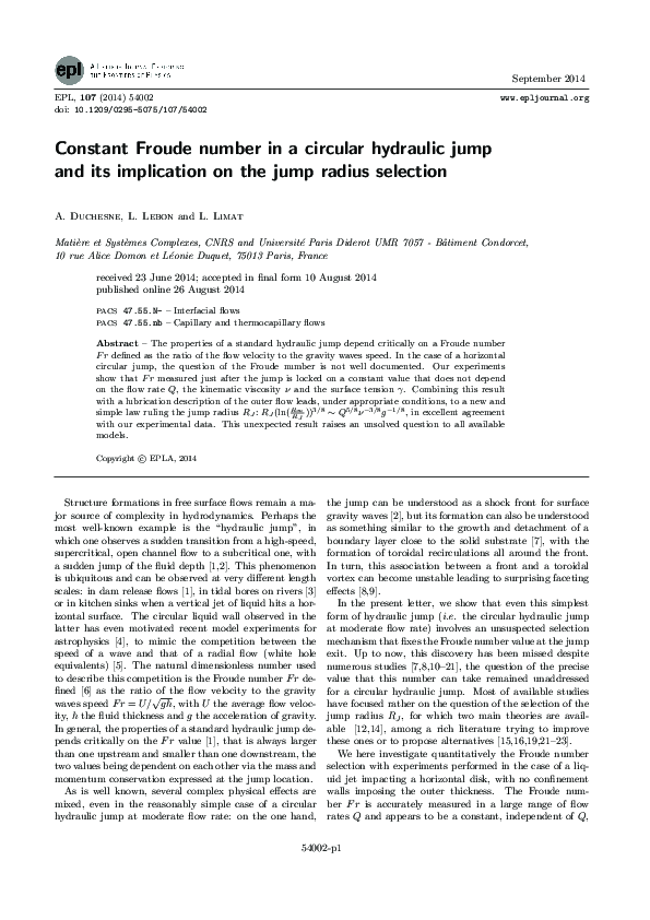 (PDF) Constant Froude number in a circular hydraulic jump and its ...