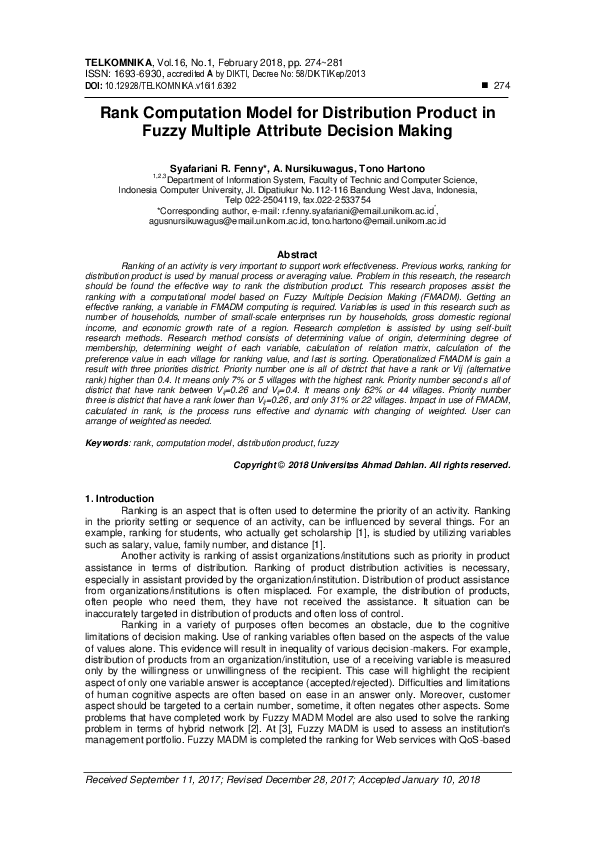 Pdf Rank Computation Model For Distribution Product In Fuzzy Multiple Attribute Decision Making