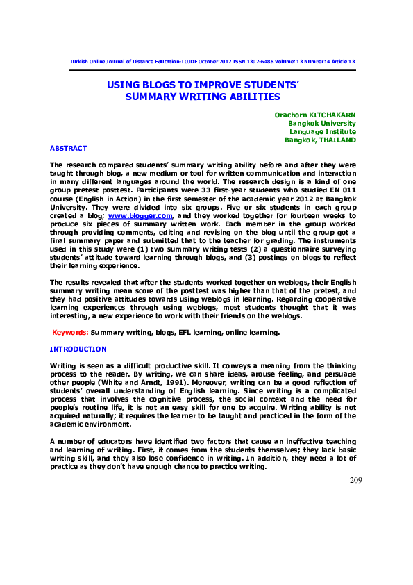 (PDF) Using Blogs to Improve Students' Summary Writing Abilities