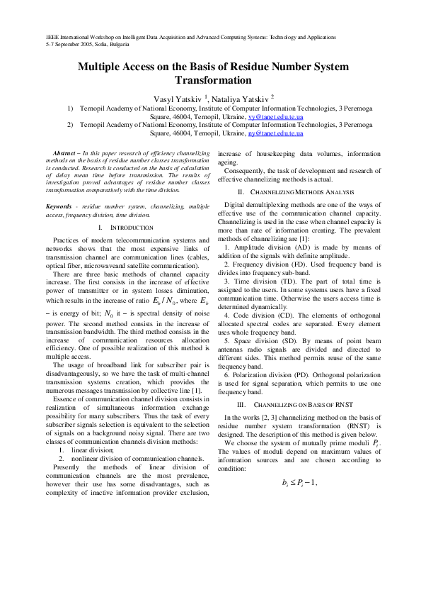 (PDF) Multiple Access on the Basis of Residue Number System Transformation