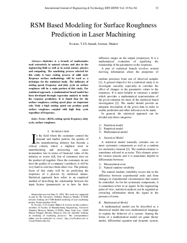 (PDF) RSM Based Modeling for Surface Roughness Prediction in Laser Machining