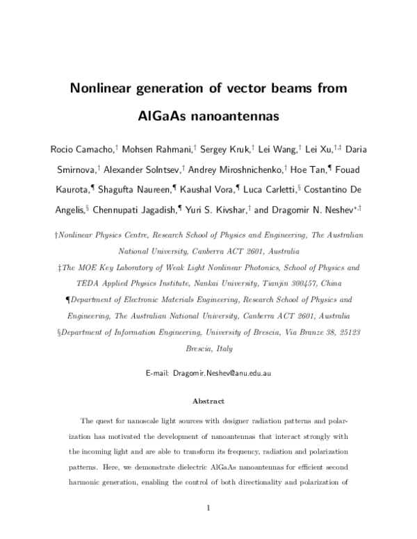 (PDF) Nonlinear Generation of Vector Beams From AlGaAs Nanoantennas