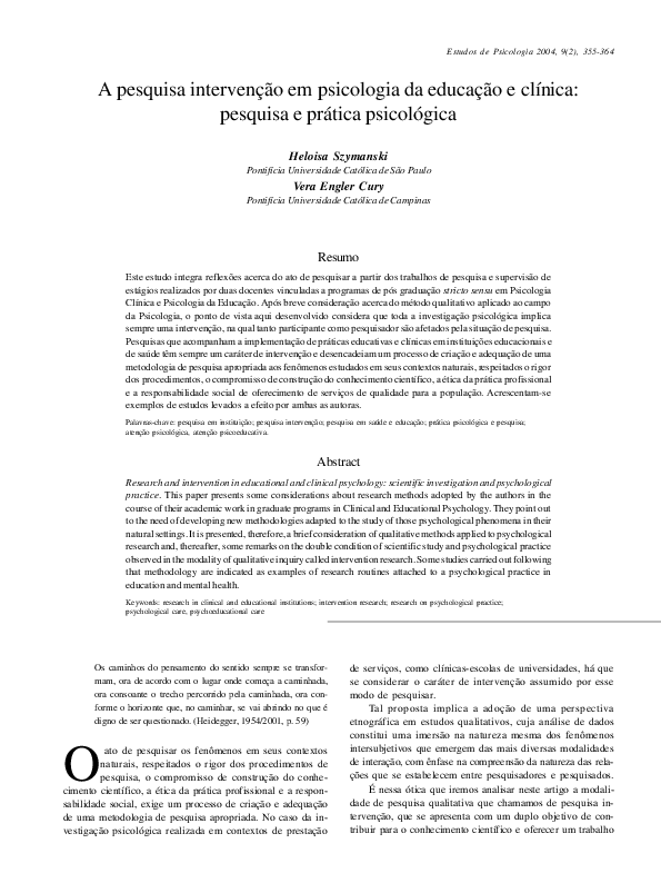 (PDF) A pesquisa interven o em psicologia da educa o e cl nica: pesquisa e pr tica psicol gica