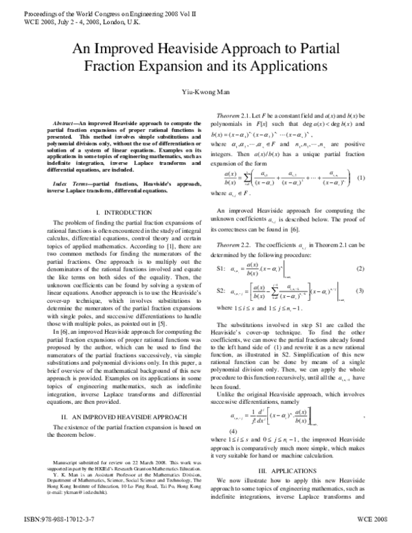 (PDF) An improved Heaviside approach to partial fraction expansion and its applications