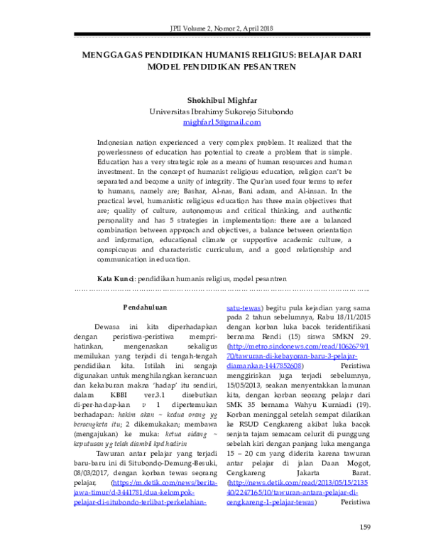 (PDF) Menggagas Pendidikan Humanis Religius: Belajar dari Model Pendidikan Pesantren