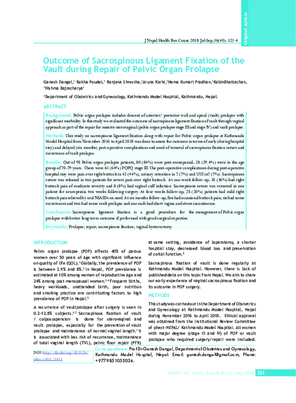 (PDF) Outcome of Sacrospinous Ligament Fixation of the Vault during ...
