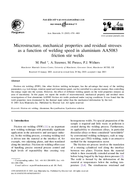 (PDF) Microstructure, mechanical properties and residual stresses as a function of welding speed ...