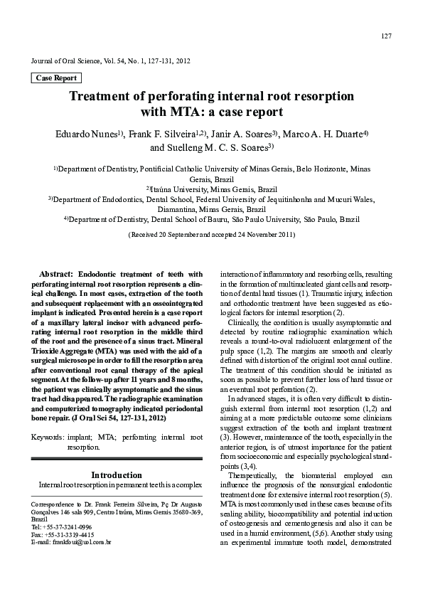(PDF) Treatment of perforating internal root resorption with MTA: a ...