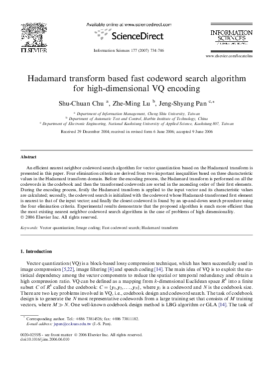 Pdf Hadamard Transform Based Fast Codeword Search Algorithm For High Dimensional Vq Encoding