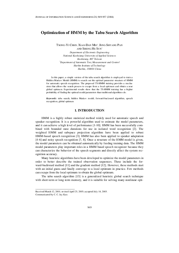 (PDF) Optimization of HMM by the Tabu Search Algorithm