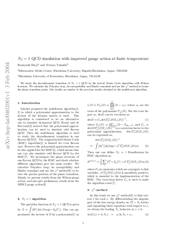 (PDF) Nf = 1 QCD simulation with improved gauge action at finite temperature