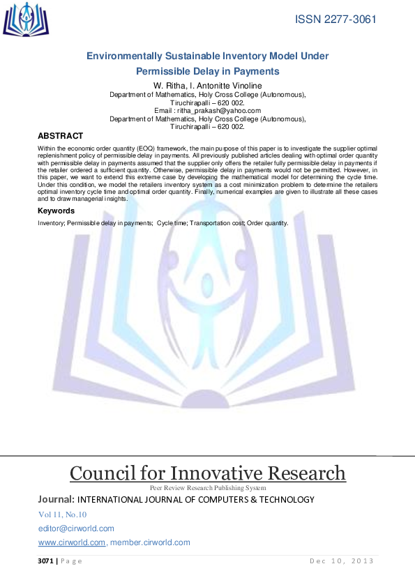 (PDF) Environmentally Sustainable Inventory Model Under Permissible ...