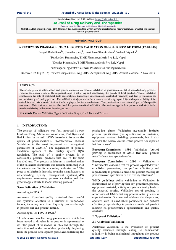 (PDF) A Review on Pharmaceutical Process Validation of Solid Dosage ...