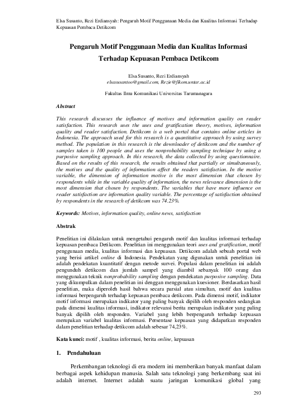 (PDF) Pengaruh Motif Penggunaan Media dan Kualitas Informasi Terhadap Kepuasan Pembaca Detikcom ...