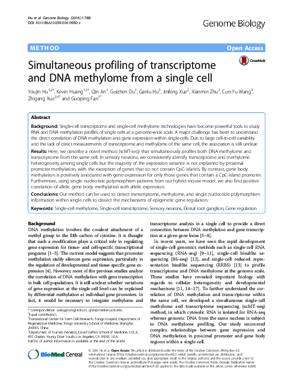 Pdf Simultaneous Profiling Of Transcriptome And Dna Methylome From A