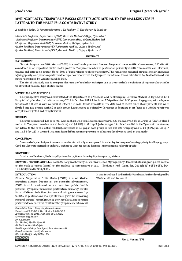 (PDF) Myringoplasty, Temporalis Fascia Graft Placed Medial to the ...