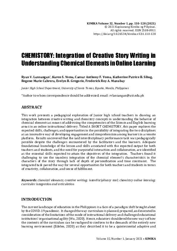 (PDF) CHEMISTORY: Integration of Creative Story Writing in ...