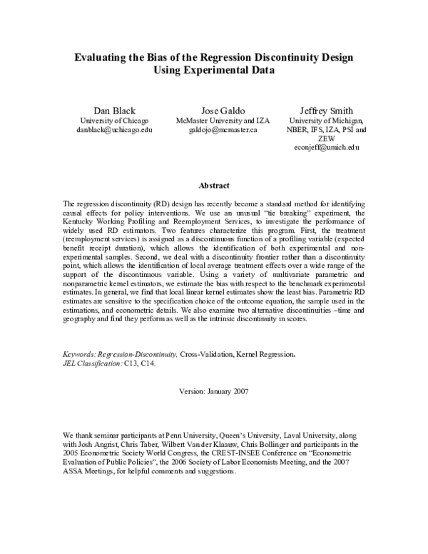(PDF) Evaluating the bias of the regression discontinuity design using ...