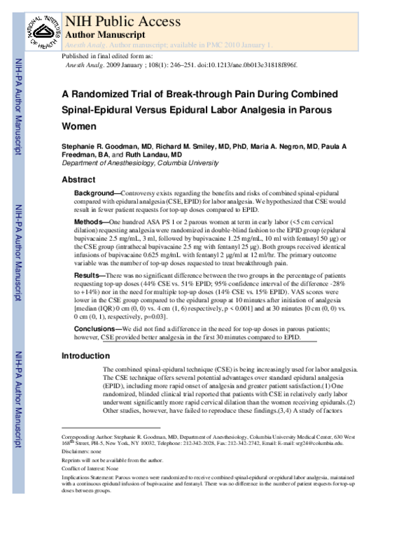(PDF) A Randomized Trial of Breakthrough Pain During Combined Spinal ...