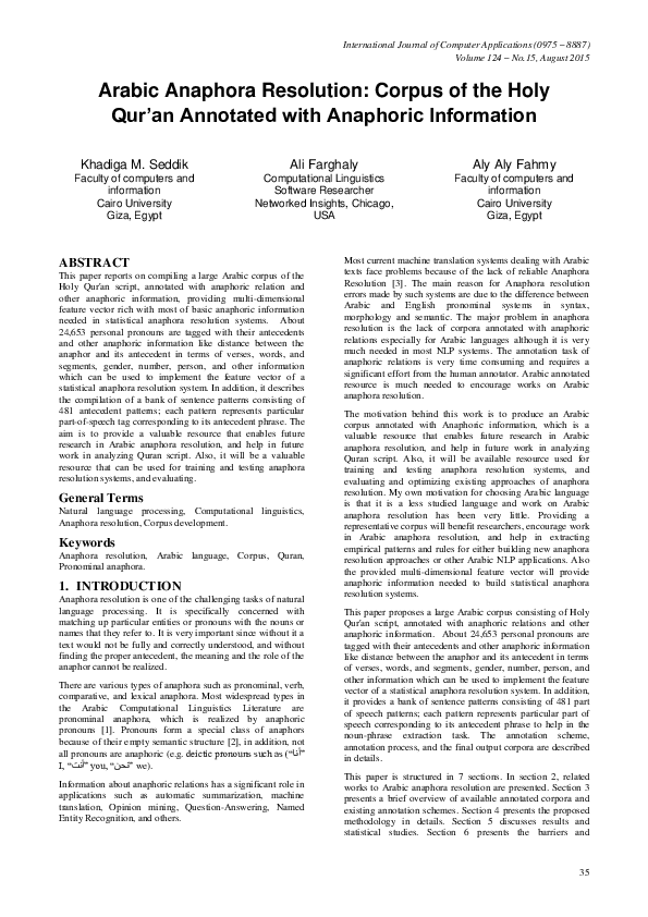 (PDF) Arabic Anaphora Resolution: Corpus of the Holy Qur’an Annotated ...