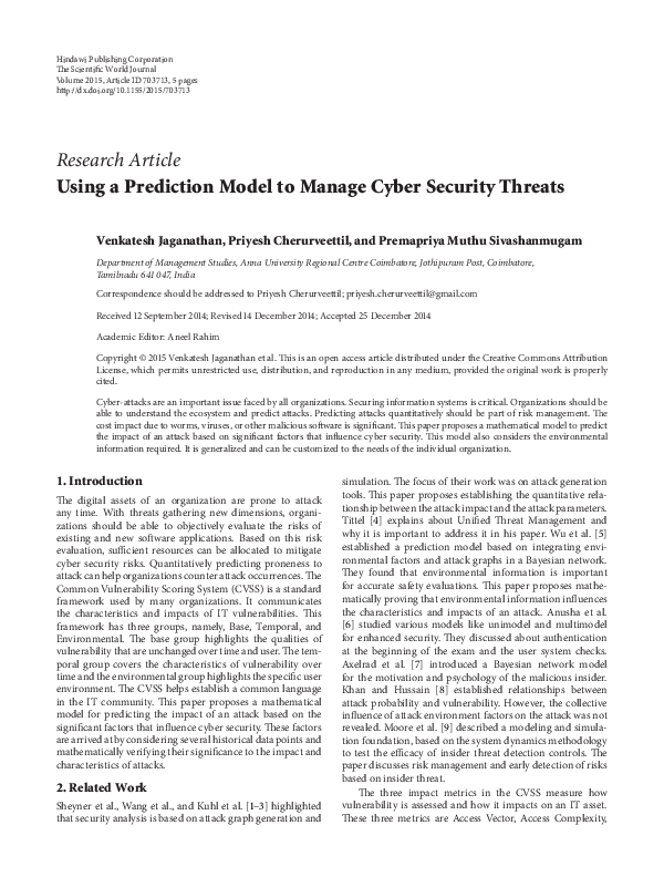 Pdf Using A Prediction Model To Manage Cyber Security Threats