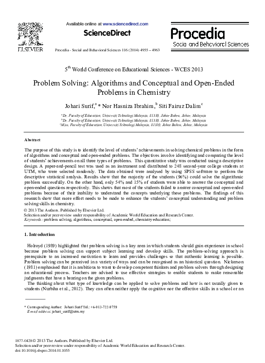 (PDF) Problem Solving: Algorithms and Conceptual and Open-ended Problems in Chemistry