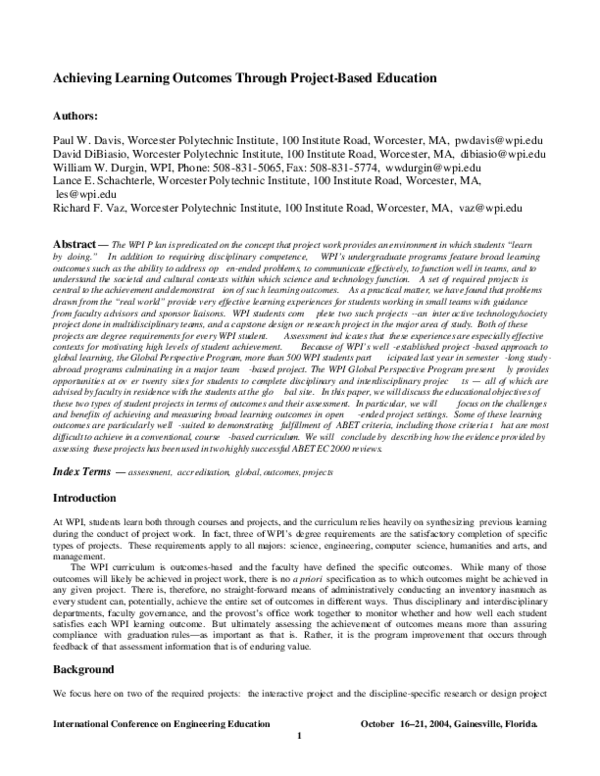 (PDF) Achieving Learning Outcomes Through Project - Based Education