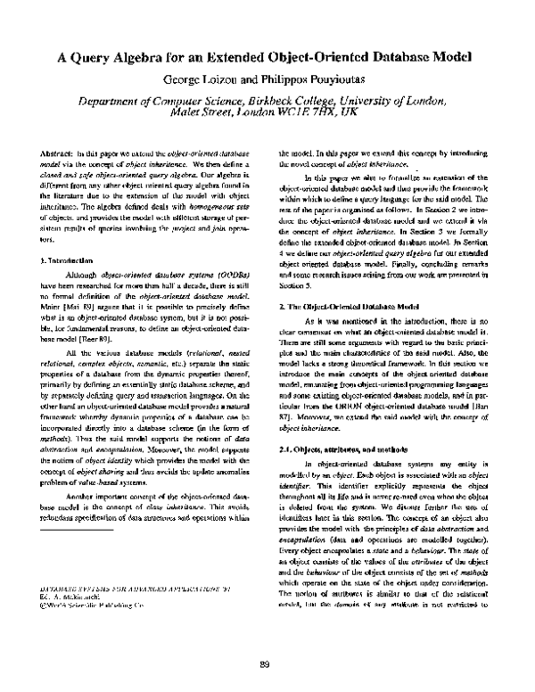 (PDF) A query algebra for an extended object-oriented database model