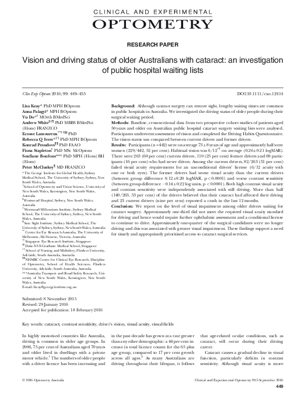 (PDF) Vision and driving status of older Australians with cataract: an ...
