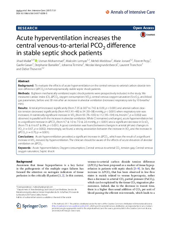 (PDF) Acute hyperventilation increases the central venous-to-arterial ...