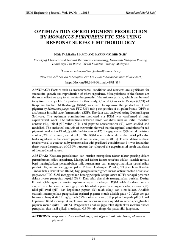 (PDF) Optimization of Red Pigment Production by Monascus Purpureus FTC 5356 Using Response ...
