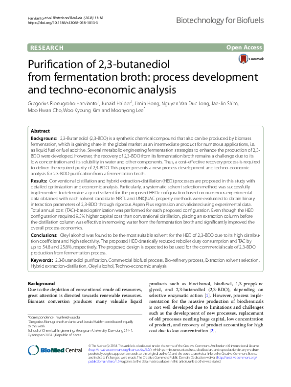(PDF) Purification of 2,3-butanediol from fermentation broth: process development and techno ...
