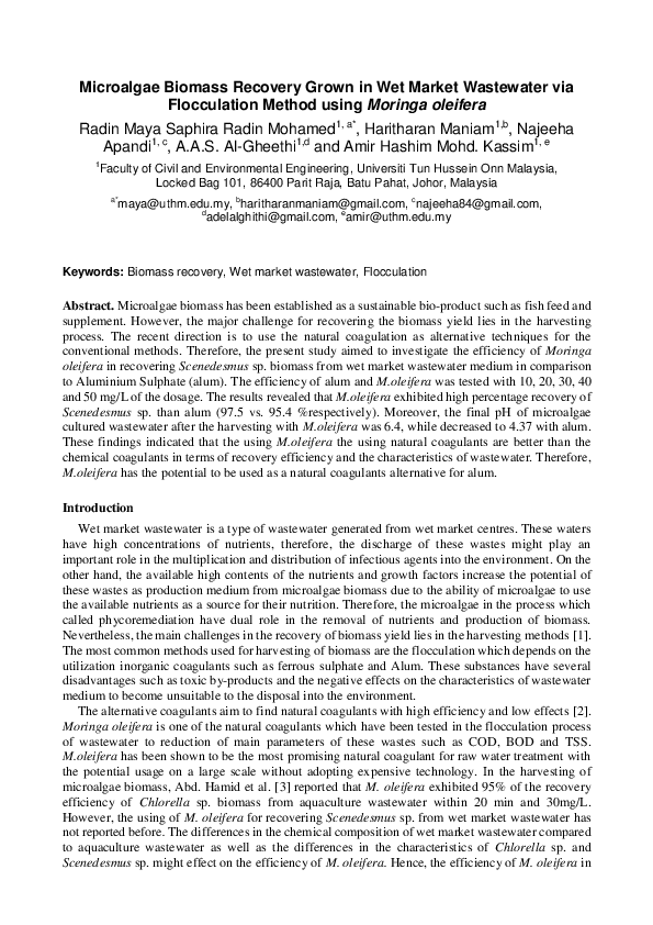 (PDF) Microalgae Biomass Recovery Grown in Wet Market Wastewater via Flocculation Method Using ...
