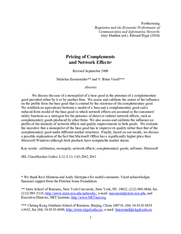 (PDF) Pricing of Complementary Goods and Network Effects