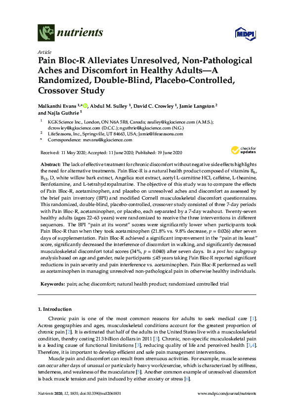 (PDF) Pain Bloc-R Alleviates Unresolved, Non-Pathological Aches and ...
