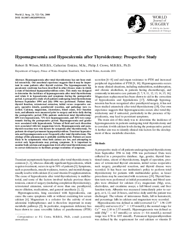 (PDF) Hypomagnesemia and Hypocalcemia after Thyroidectomy: Prospective Study