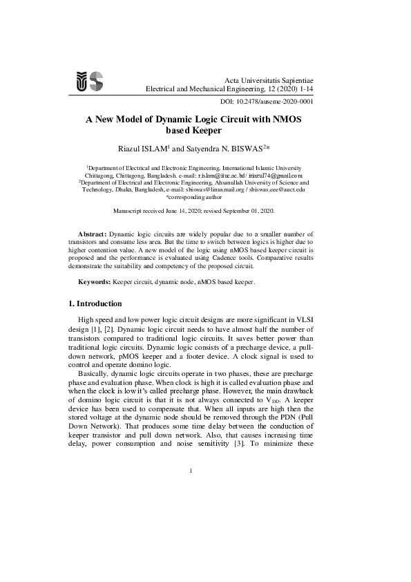 (PDF) A New Model of Dynamic Logic Circuit with NMOS based Keeper