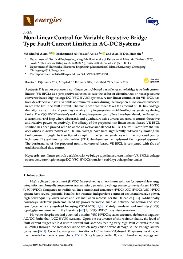 Pdf Non Linear Control For Variable Resistive Bridge Type Fault Current Limiter In Ac Dc Systems