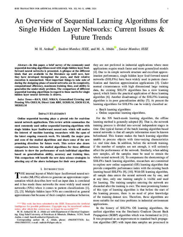 (PDF) An Overview of Sequential Learning Algorithms for Single Hidden Layer Networks: Current ...