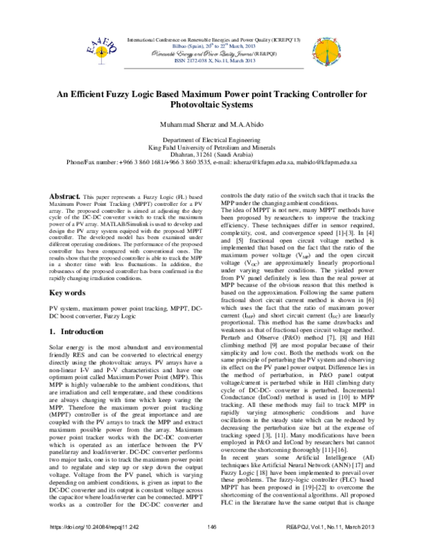 Pdf An Efficient Fuzzy Logic Based Maximum Power Point Tracking Controller For Photovoltaic 